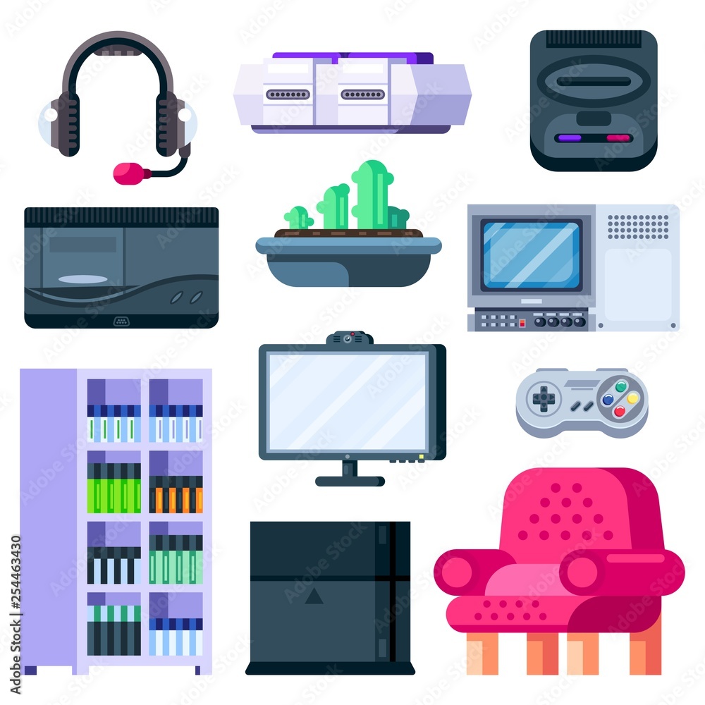 Game room set up. Gamer workplace with set of objects. Vector ...