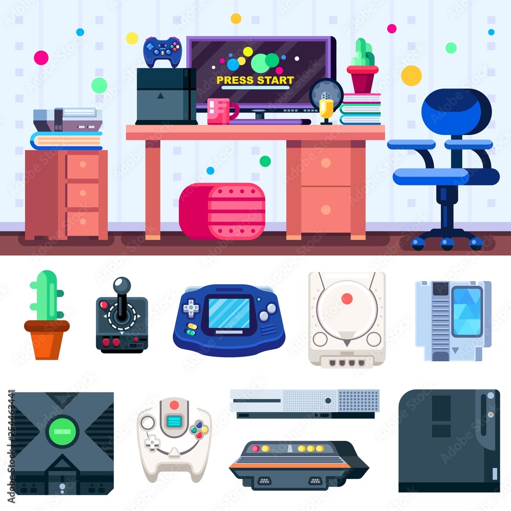 Game room set up. Gamer workplace with set of objects. Vector ...