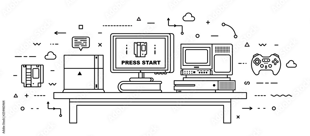 Gamer workplace concept with monitors, consoles and gamepad. Network ...