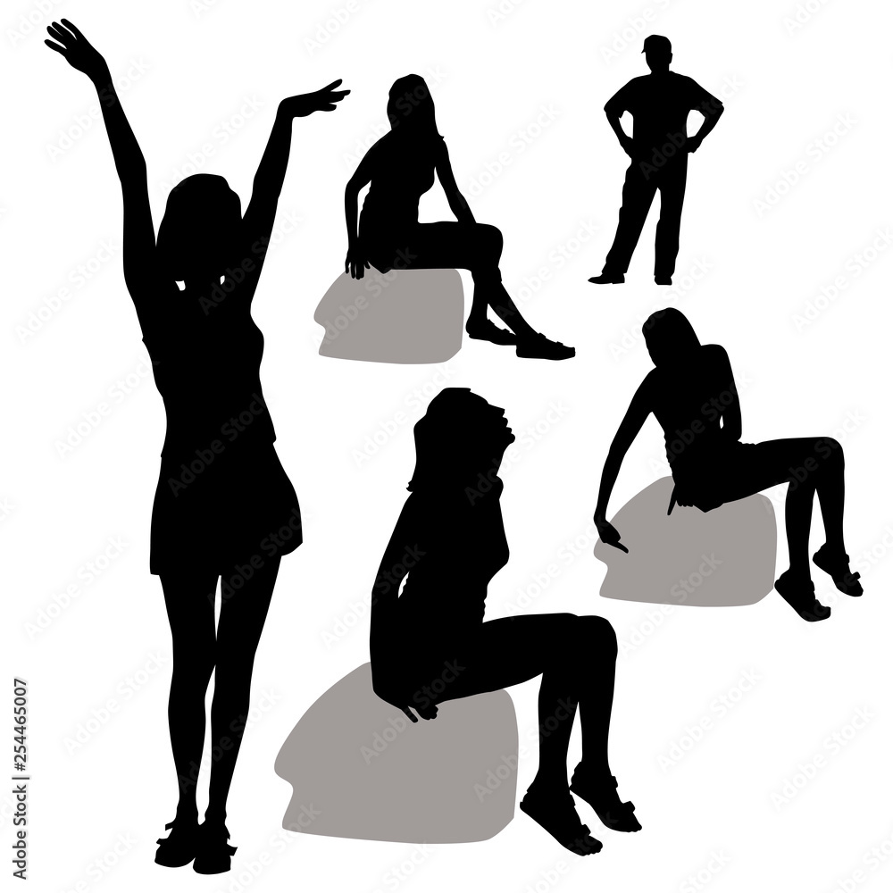 Silhouettes of a girl sitting on a stone in three poses. A girl stands ...