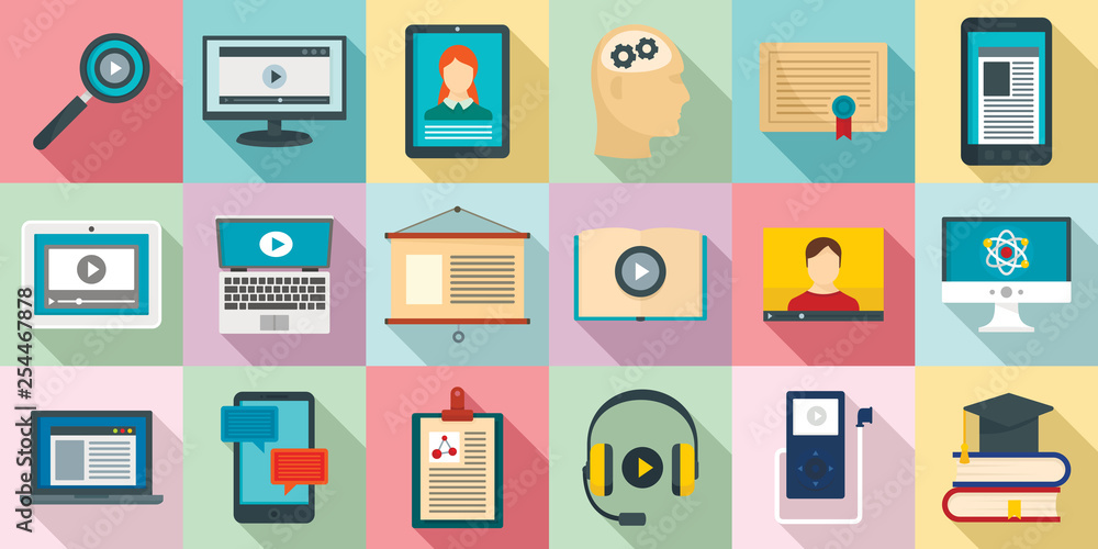 Interactive learning icons set. Flat set of interactive learning vector ...