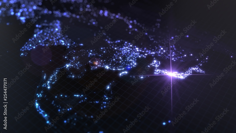 power of japan, energy beam on tokyo. dark map with illuminated cities ...