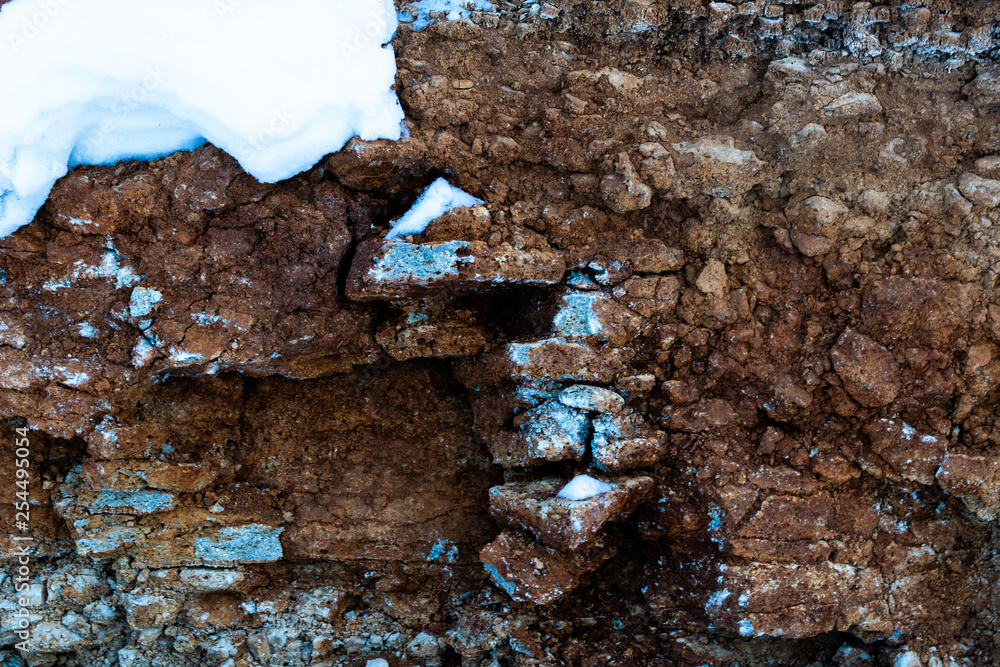 Soil cut-sandstone, stones, clay, sand structure and layers. slice of ...