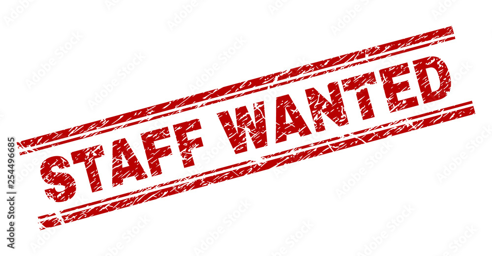 STAFF WANTED seal watermark with corroded texture. Red vector rubber ...