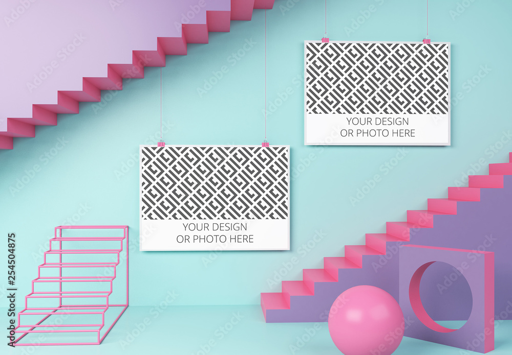 Two Horizontal Posters in a Geometric Scene Mockup Stock Template ...