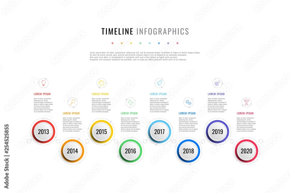 horizontal business timeline with 8 round elements, year indication and ...