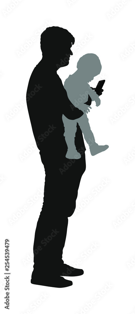 Awkward clumsy father with baby in hand watching in phone vector ...