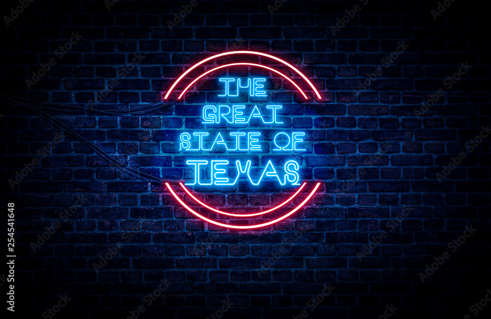Poster A sign showing Texas state slogan, in blue and red neon light on ...
