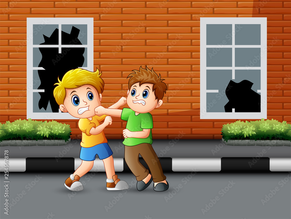 Cartoon two boys fighting on the road Stock Vector | Adobe Stock