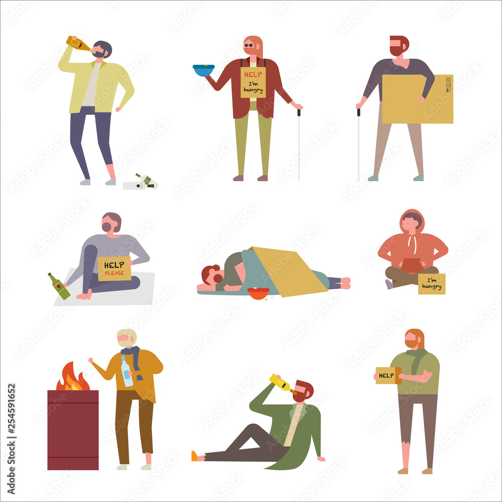 Homeless character set. flat design style minimal vector illustration ...