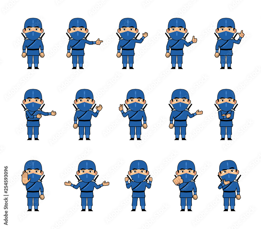 Set of ninja characters in blue outfit showing various hand gestures ...