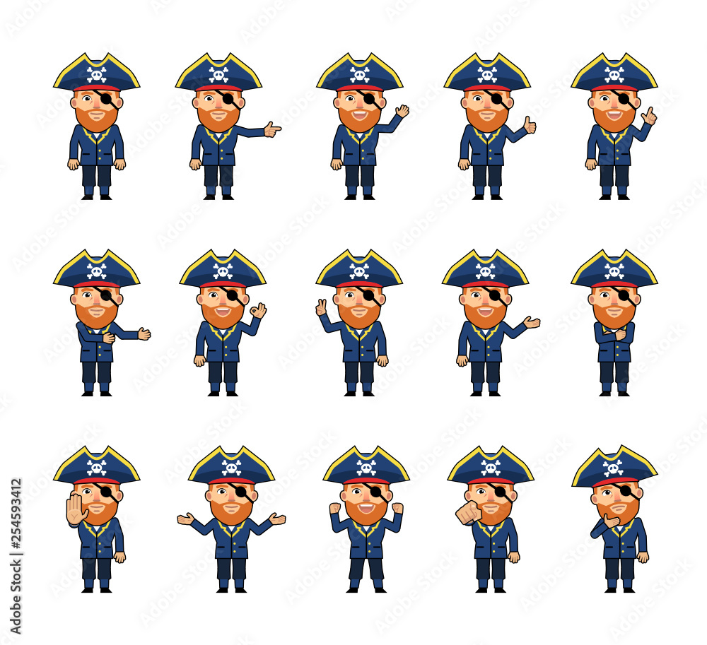 Set of chibi pirate characters showing diverse hand gestures. Funny ...