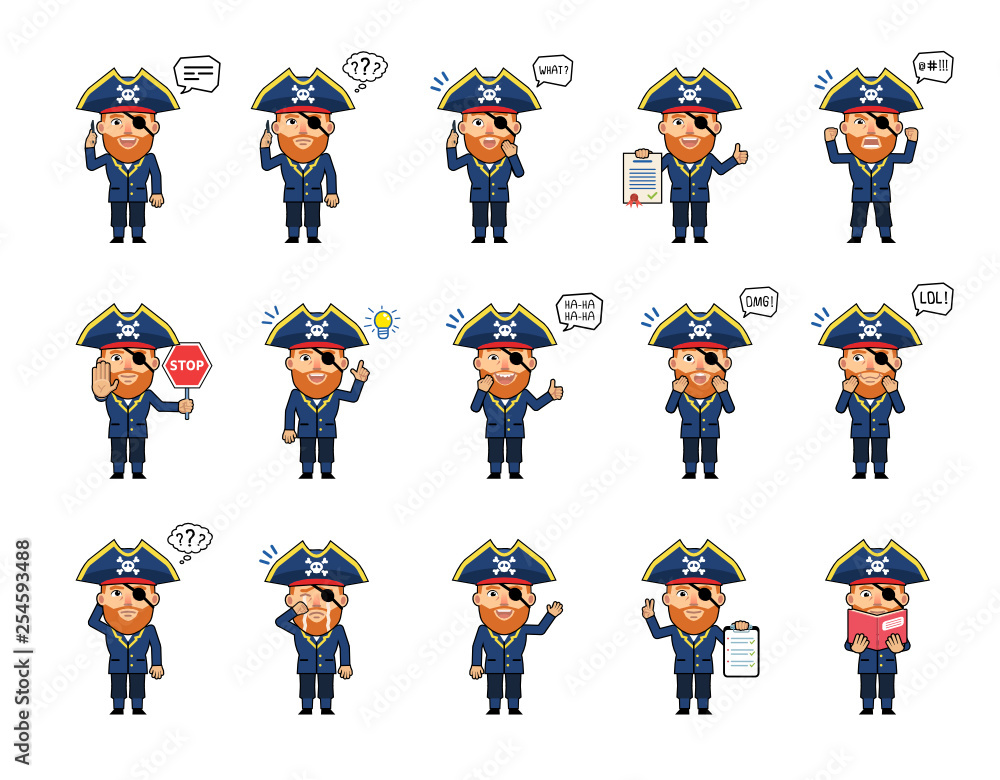Set of chibi pirate characters showing diverse actions. Funny pirate ...