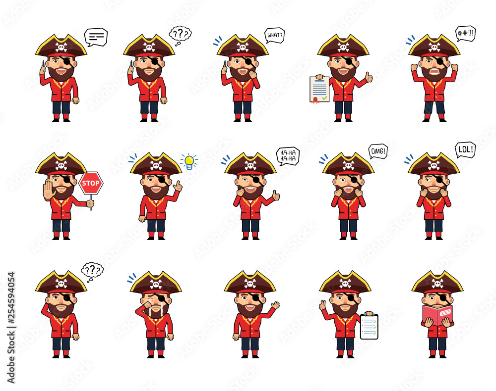 Set of chibi pirate characters showing diverse actions. Funny pirate ...