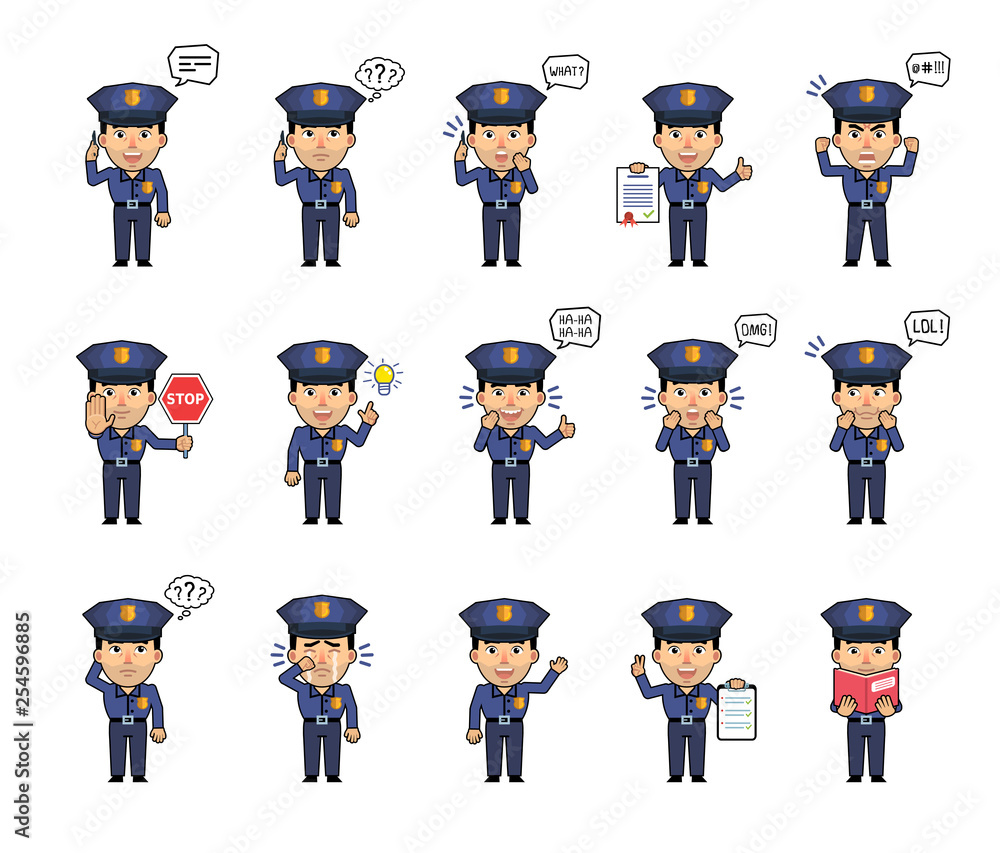 Set of policeman characters showing various actions, emotions. Police ...