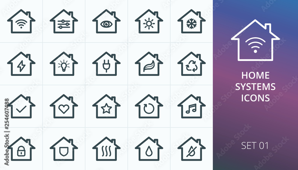 Smart home systems icons set. Set of smart house, wireless home systems ...