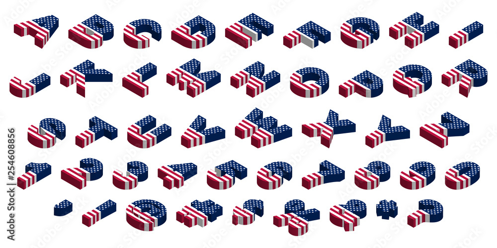 3d isometric usa flag font, letters, numbers, symbols and signs, stock ...