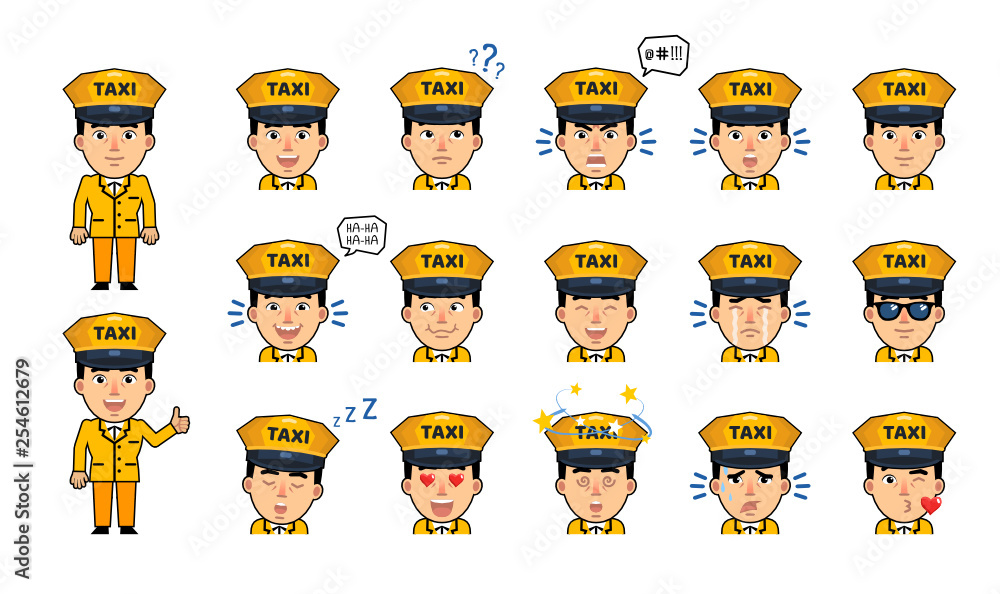 Set of taxi driver emoticons. Funny driver emojis showing various ...