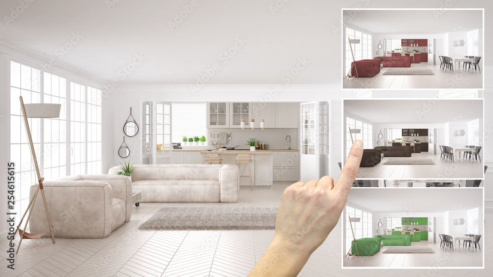 Architect designer concept, hand showing modern living room with sofa ...