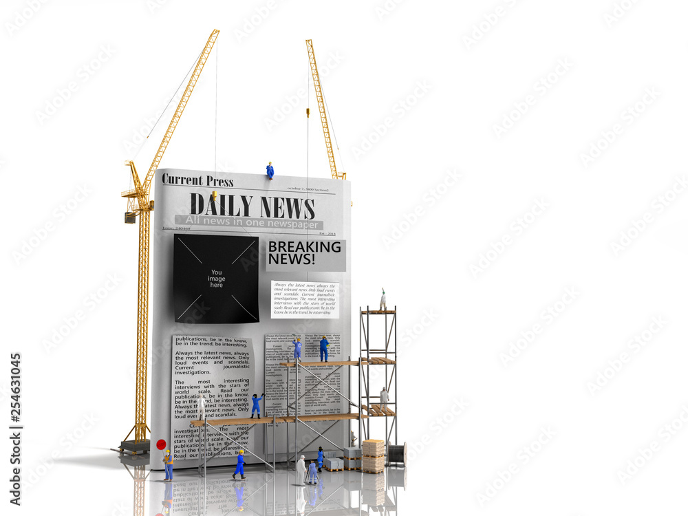 news building concept builders stick newspaper columns on a blank ...