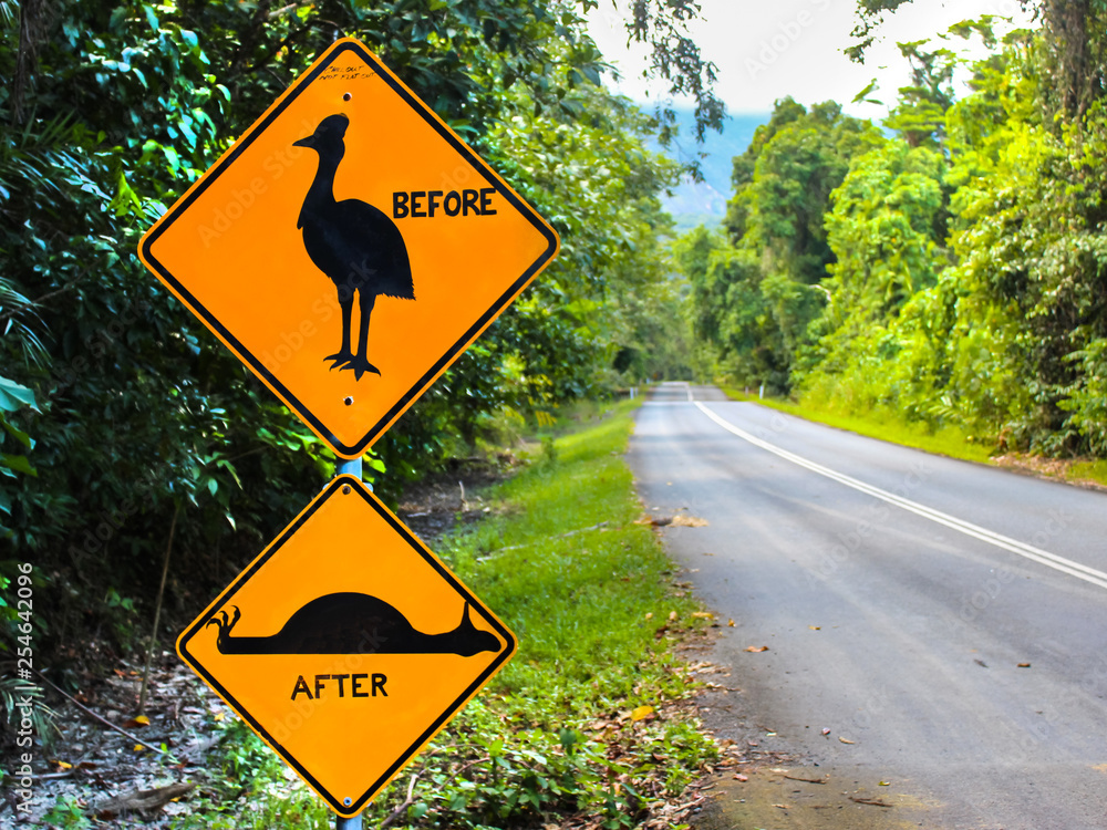 Verkehrsschild Achtung Helmkasuar, Abenteuer Reise Australien Straße ...