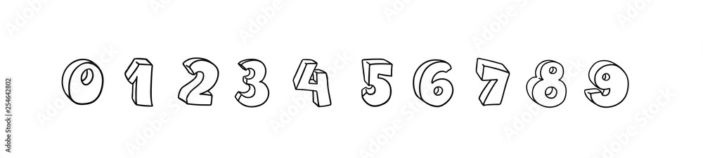 Vector hand drawn 3D line art numbers set. Signs as sketched art ...