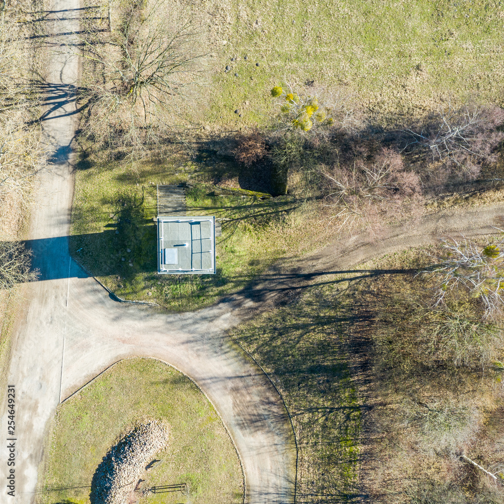 Vertical aerial photograph of a former watchtower at the inner-German ...