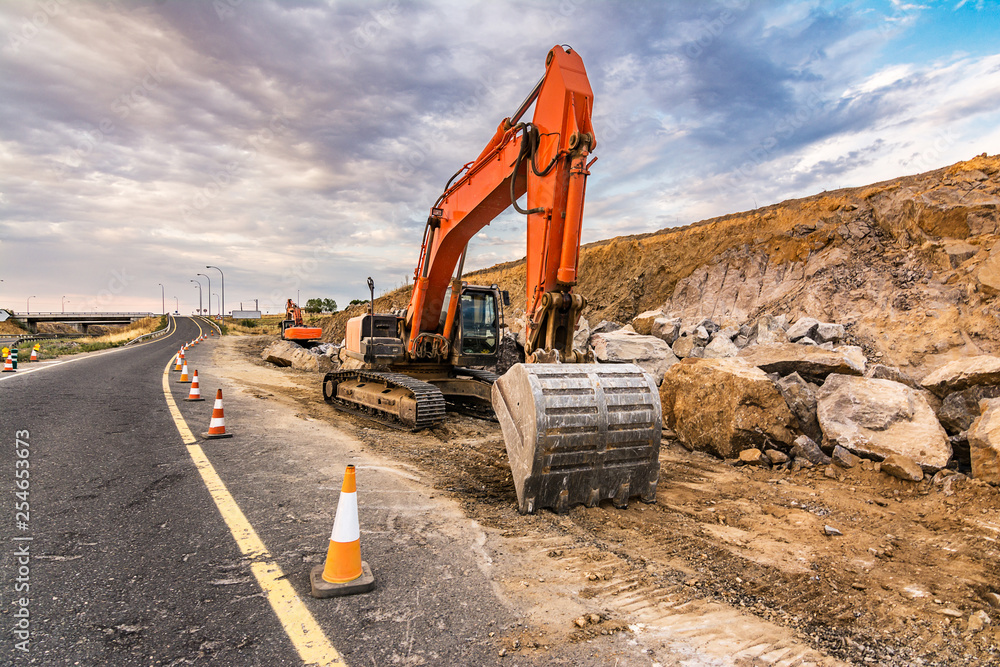 Works to extend and repair a highway in central Spain Stock Photo ...