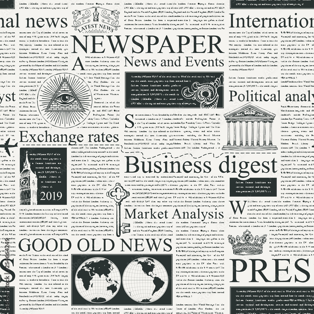 Vector seamless pattern with newspaper columns. Text in newspaper page ...