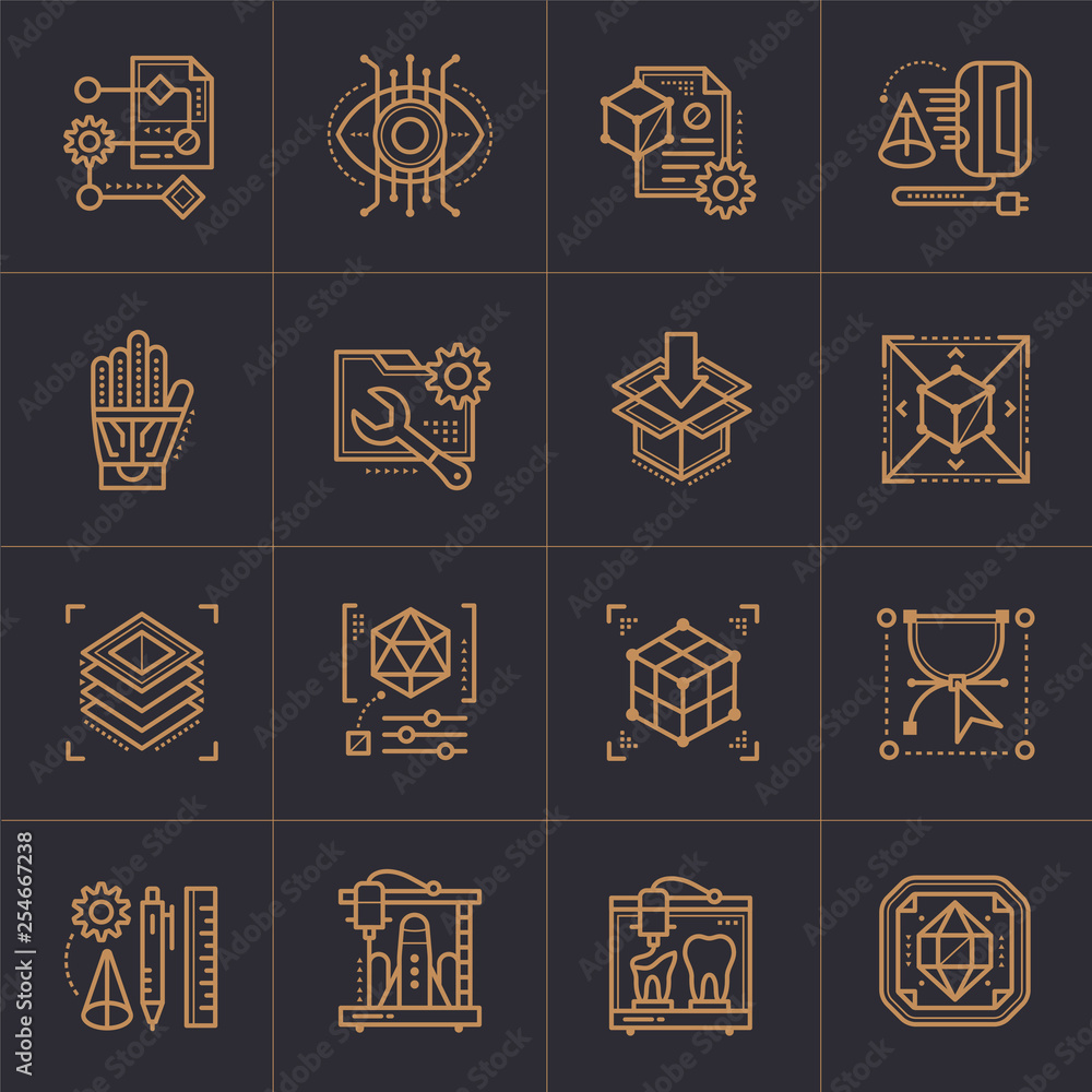 Linear icon set of 3D printing and 3D modeling. Suitable for ...