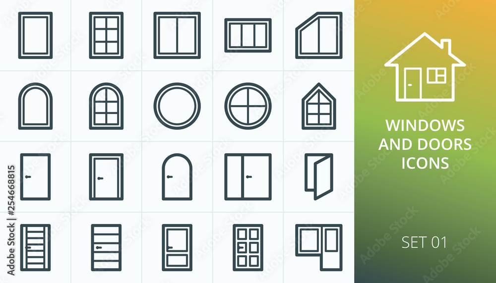 Windows and doors icons set. Set of wooden doors, pvc windows, round ...