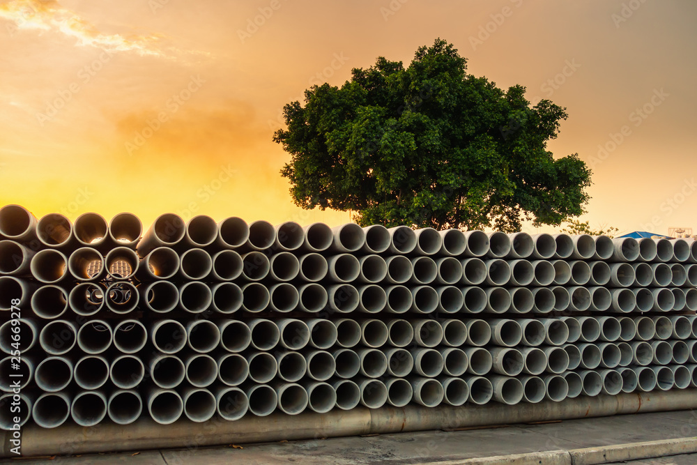 Row of Storage Sewage Drainage Concrete Pipeline, Manufacturing Plant ...