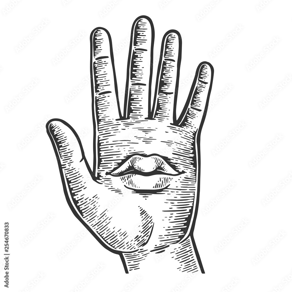 Mouth lips on human hand palm sketch sketch engraving vector ...
