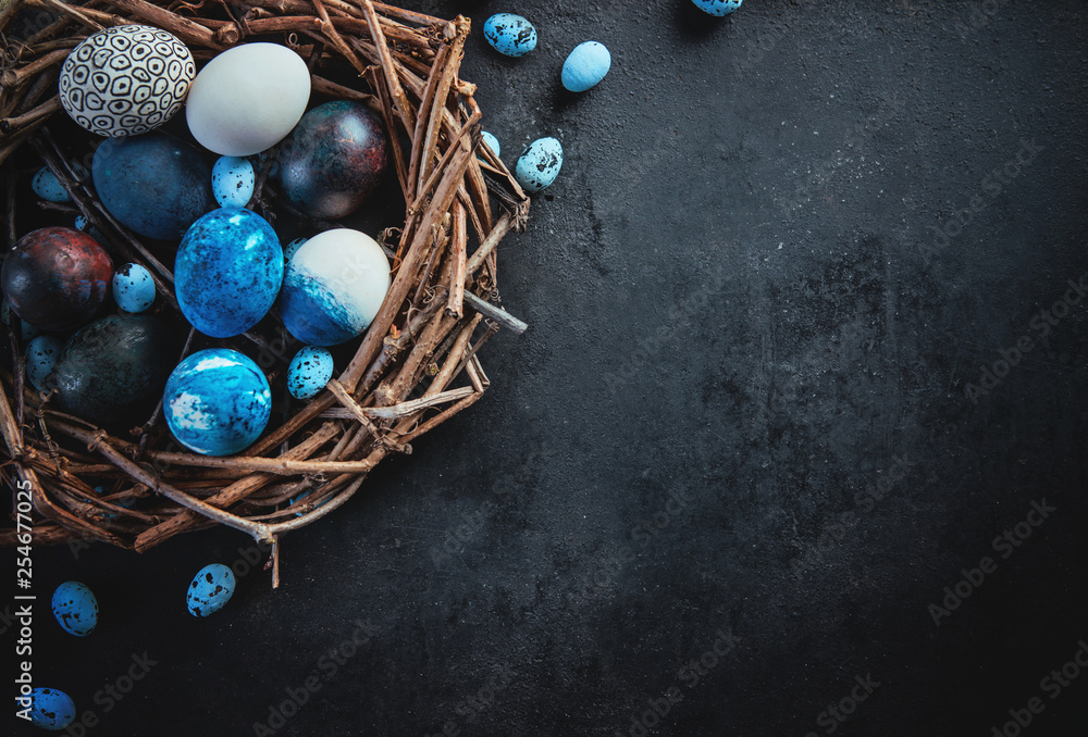 Colored eggs and paint on a dark table, Easter background Stock-Foto ...