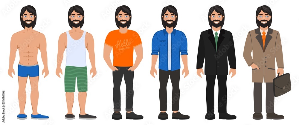 Smiling handsome man in different types clothes. Casual, formal and ...