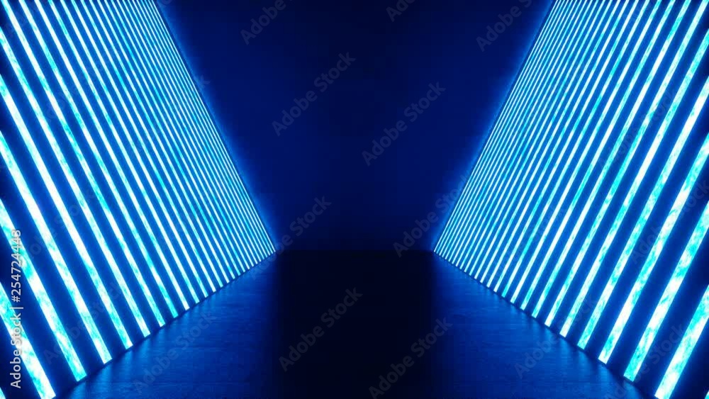 Abstract blue room interior with blue neon lamps. Futuristic ...
