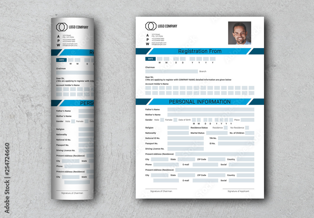 Registration Form Layout with Blue Accents Stock Template | Adobe Stock