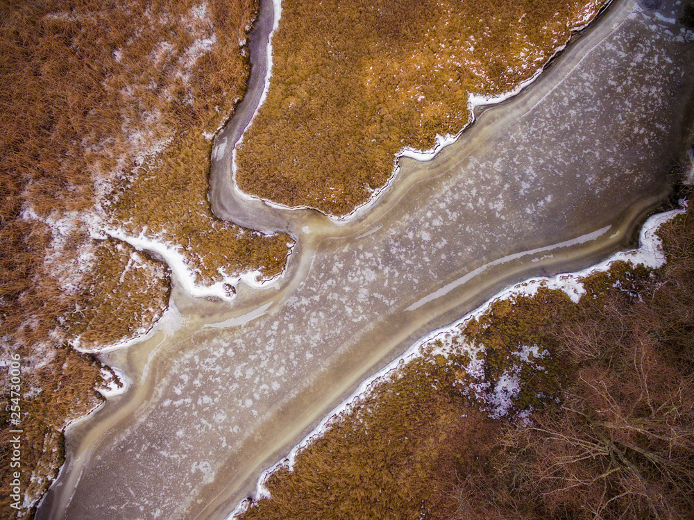 Aerial View of a Frozen Slough and an Environmentally Rich Wetland ...