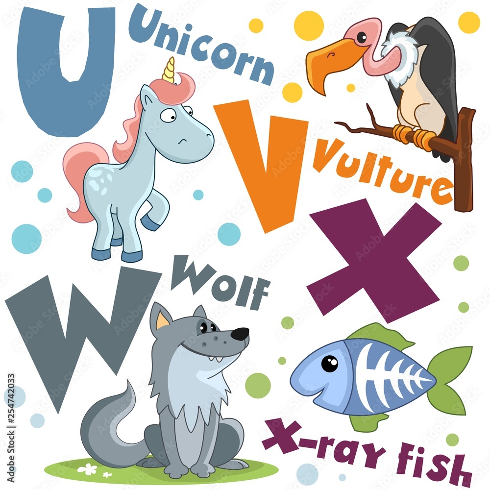 A set of letters with pictures of animals, words from the English ...