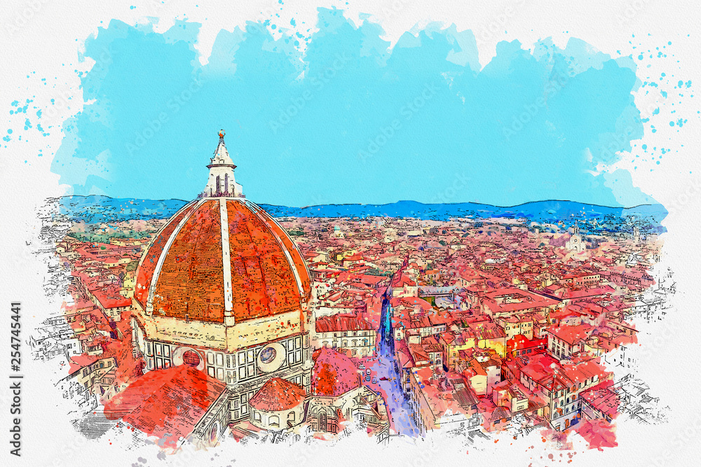 Watercolor sketch or illustration of a beautiful panoramic view of the ...