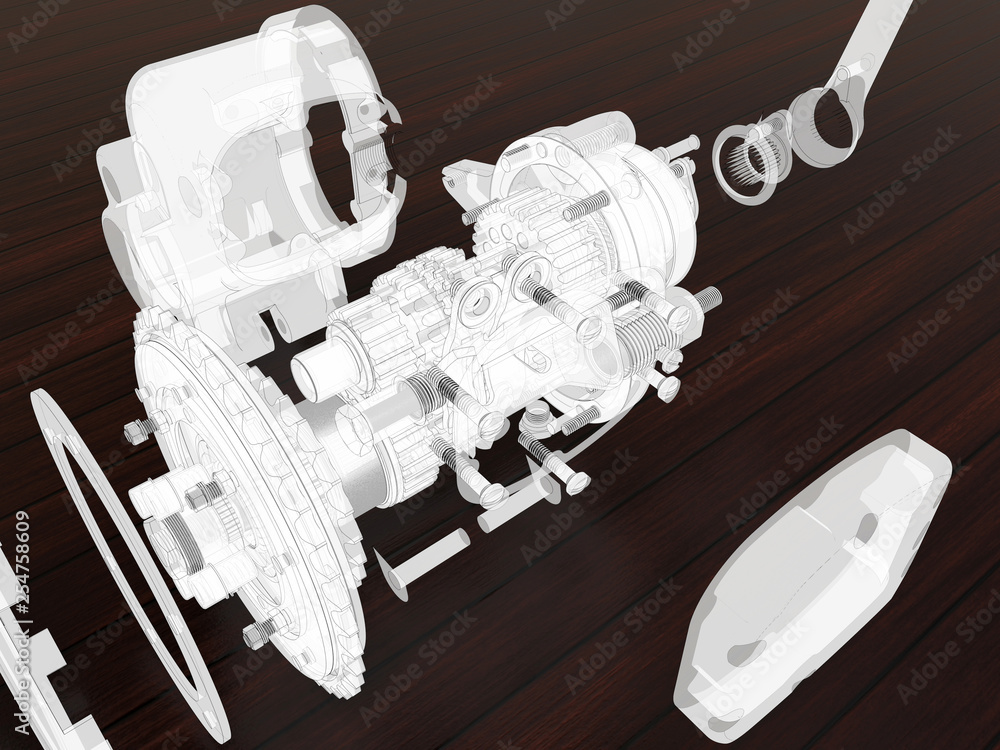 3D rendering - outlined exploded view mechanical gearbox Stock ...