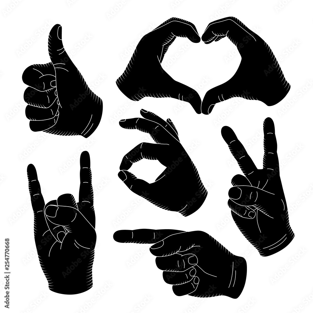 Human vintage hand gestures and signs. Gestures meaning Okay, Rock and ...