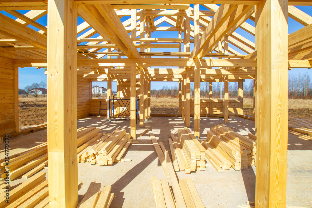 Frame of building house. Construction of the cottage timber. The wooden ...