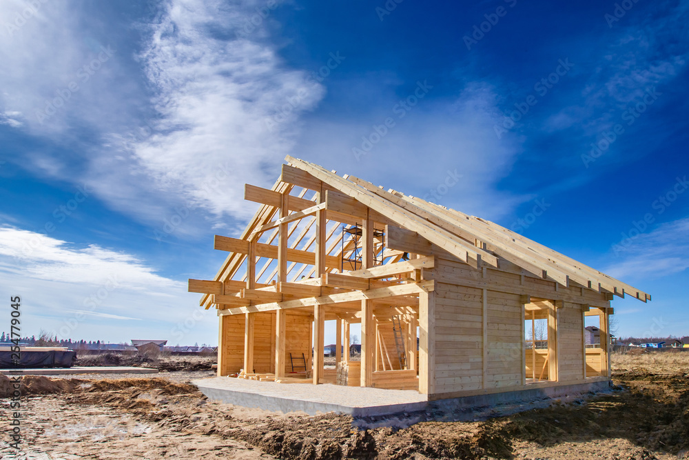 Frame of building house. Construction of the cottage timber. The wooden ...
