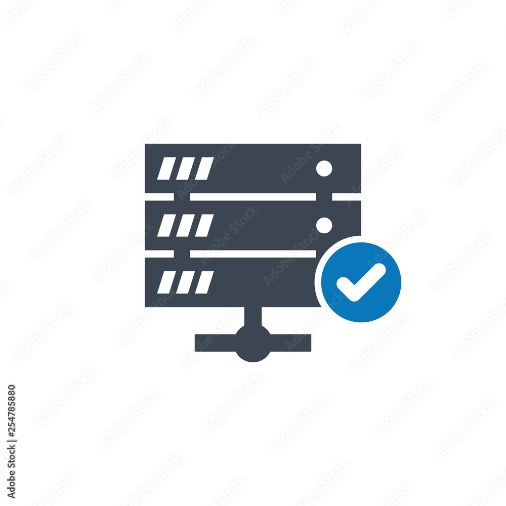 Server icon with check sign. Server icon and approved, confirm, done ...