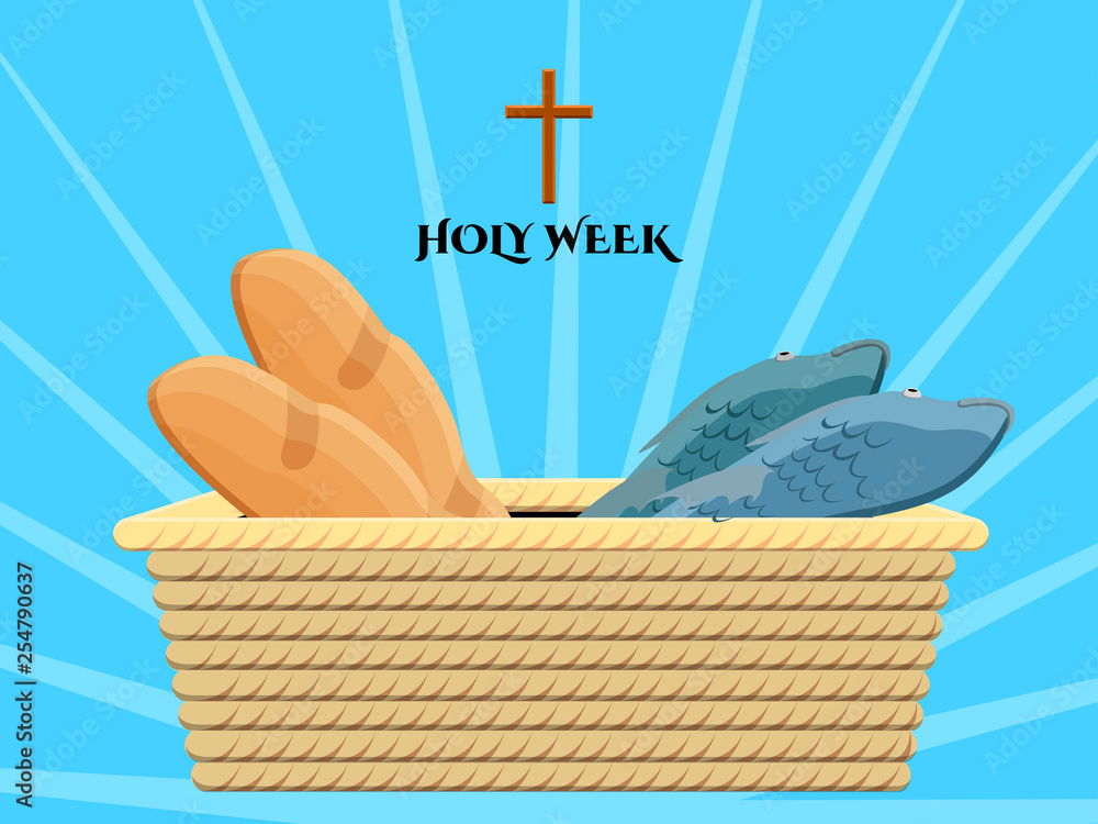 Holy week banner with basket of bread and fish. Vector illustration ...