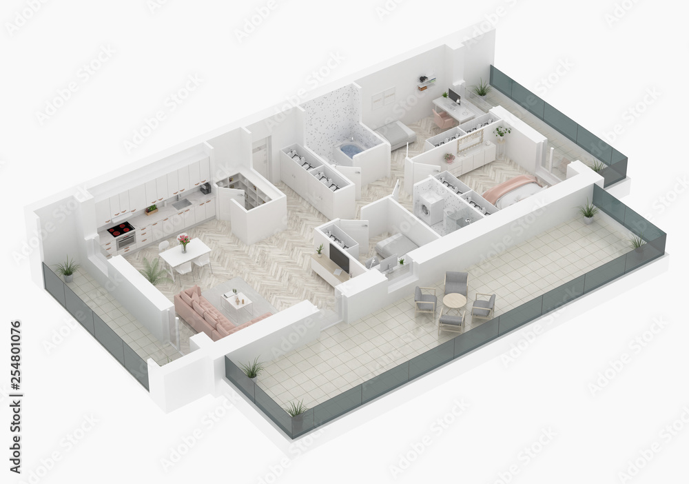Floor plan of a home top view 3D illustration. Open concept living ...