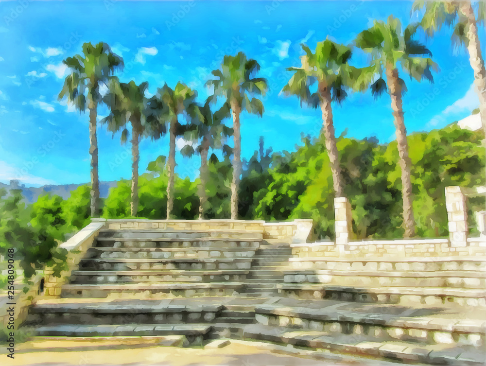 Watercolor. Amphitheater with stone tiers of seats against the backdrop ...