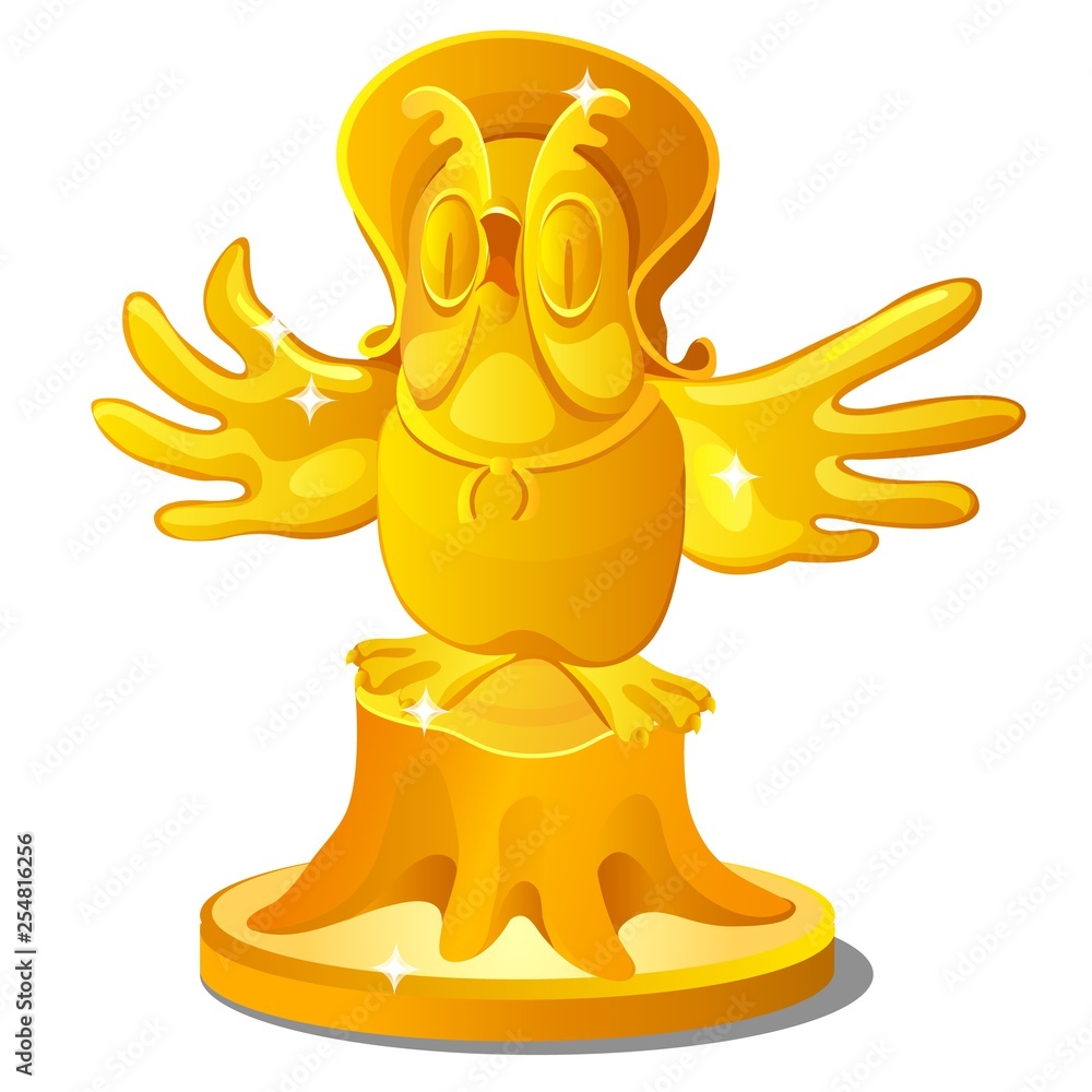 Golden statue of an old owl on a stump with a hat isolated on white ...