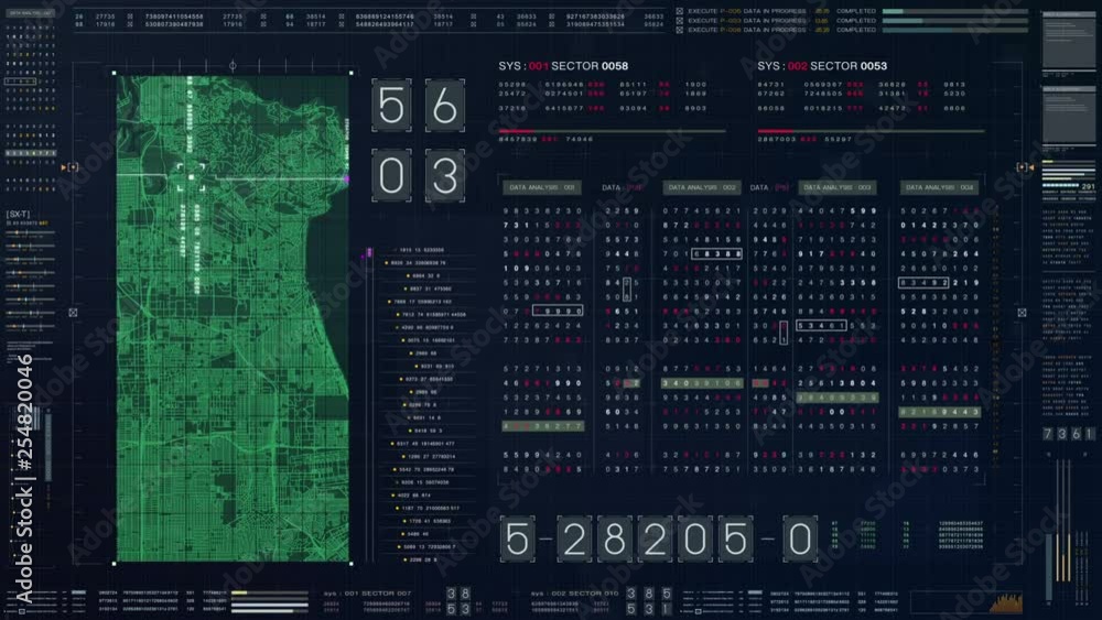 Futuristic source code digital data telemetry motion graphic display ...